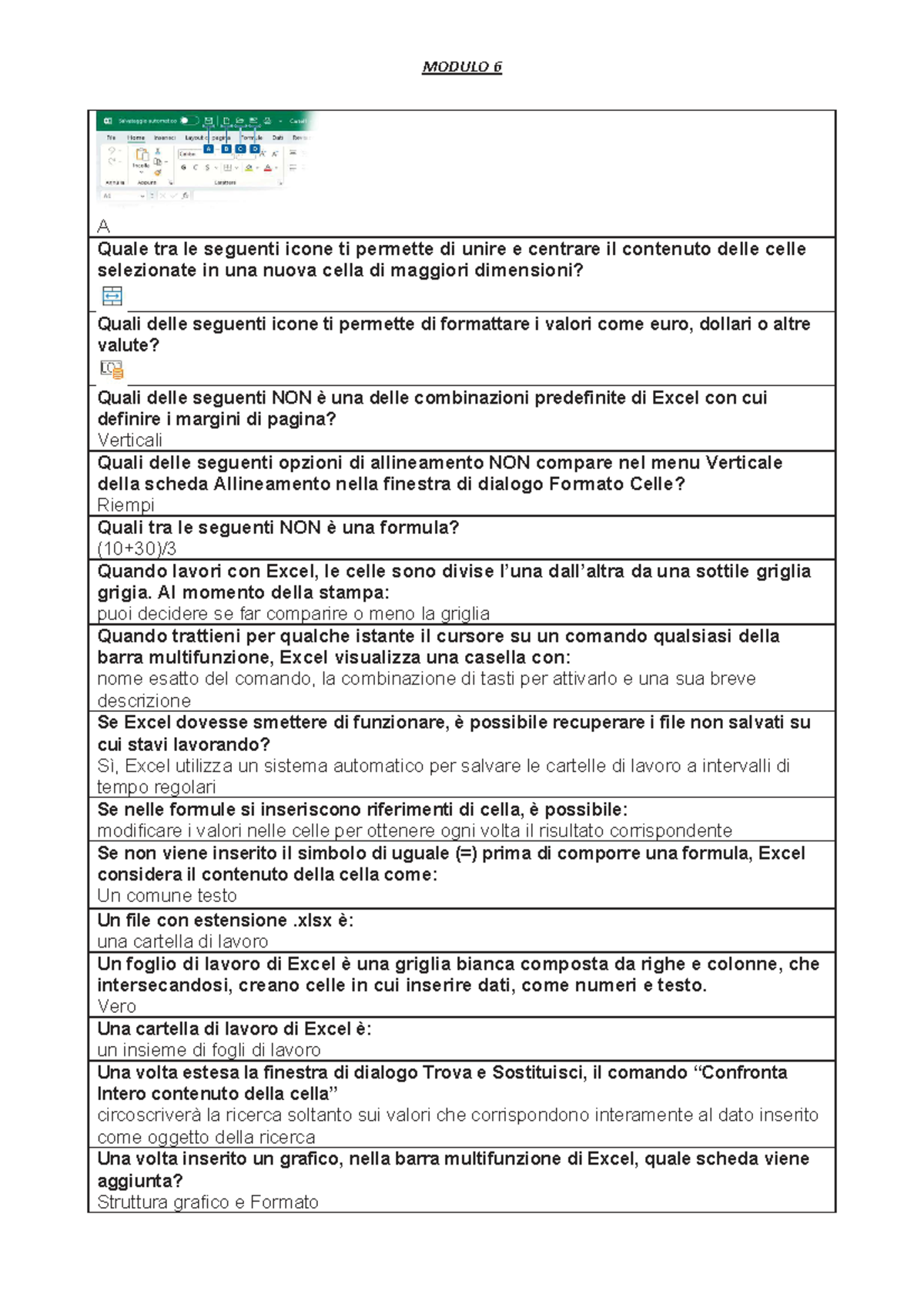 Modulo 6: Domande e Risposte su Excel e Formattazione Celle - Studocu