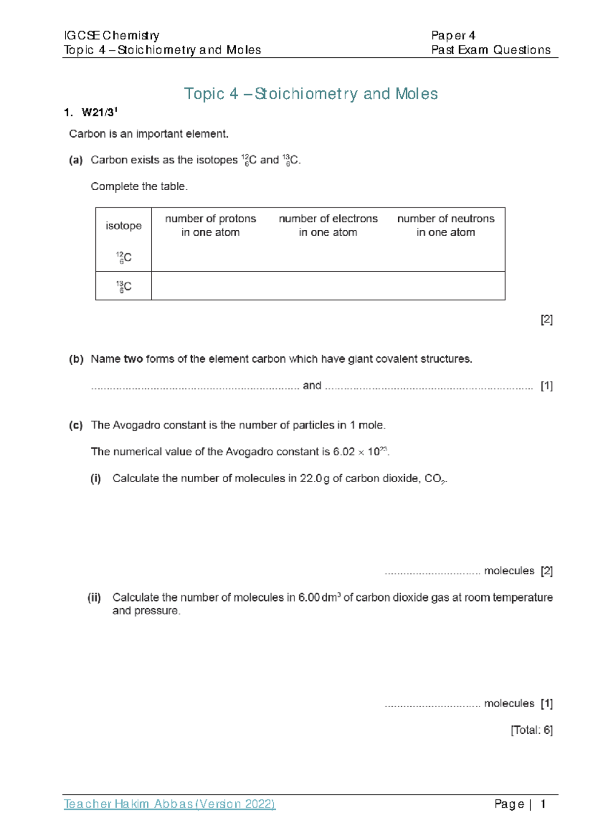 IGCSE Chemistry (2022) Topic 4 Stoichiometry & Moles Past Exam Qs - Studocu
