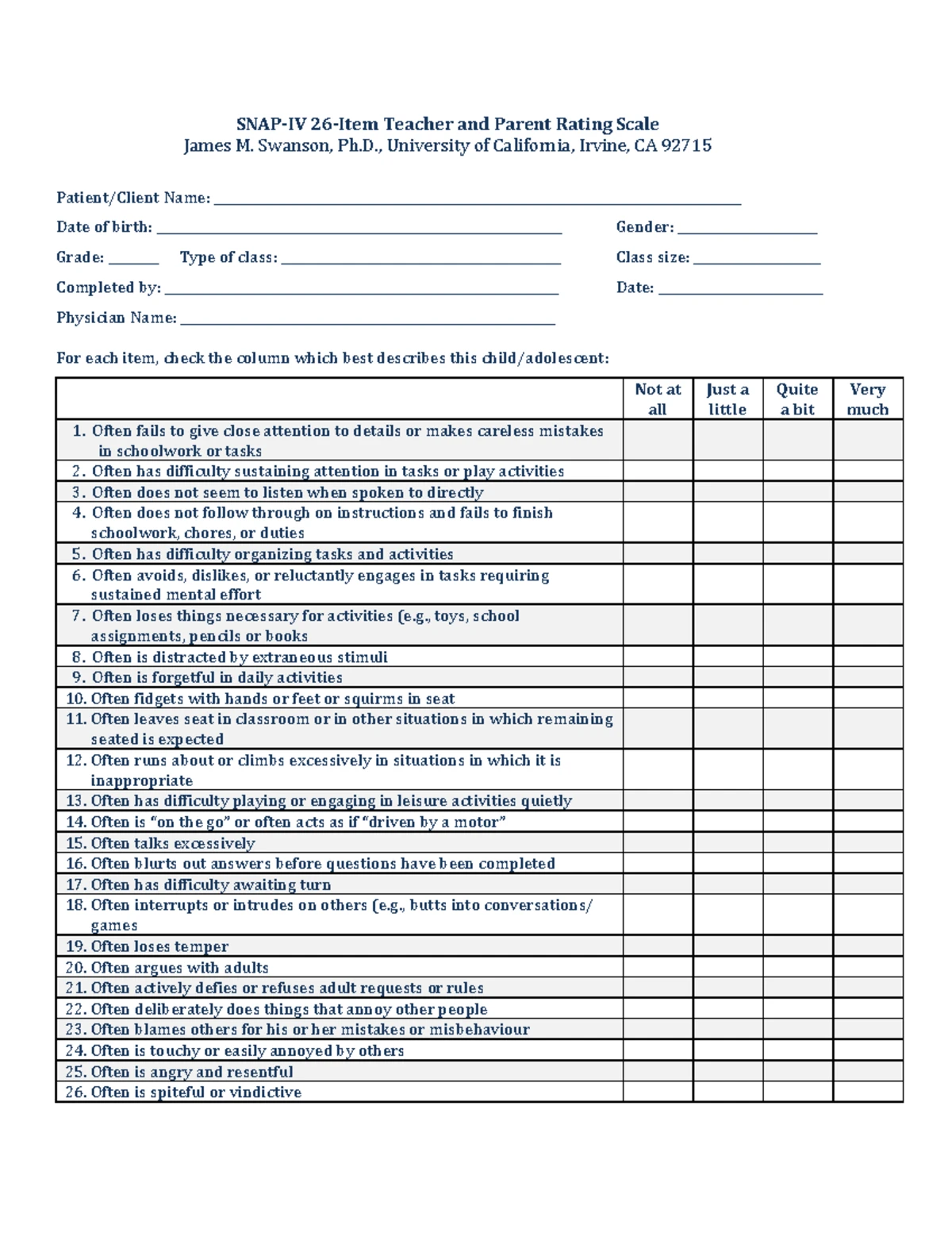 SNAP-IV Teacher & Parent Rating Scale: Complete Scoring Guide - Studocu