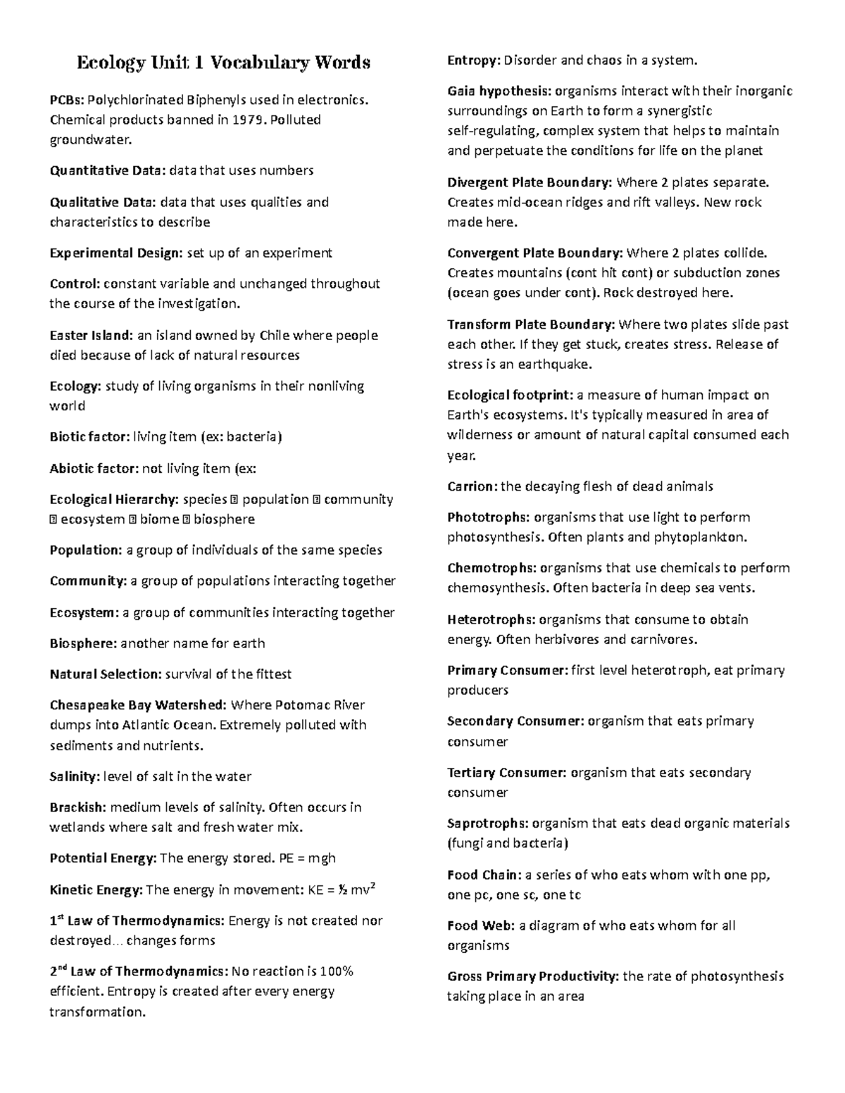 Ecology Unit 1 Vocabulary Words - Ecology Unit 1 Vocabulary Words PCBs ...