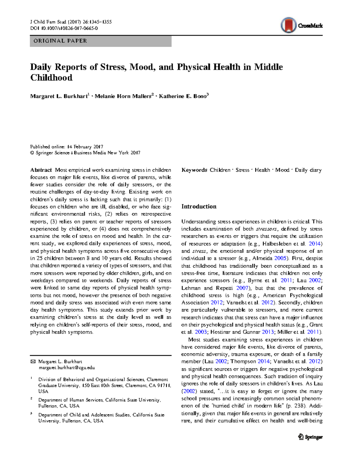 Daily Stress, Mood, and Health in Middle Childhood: Insights from J ...