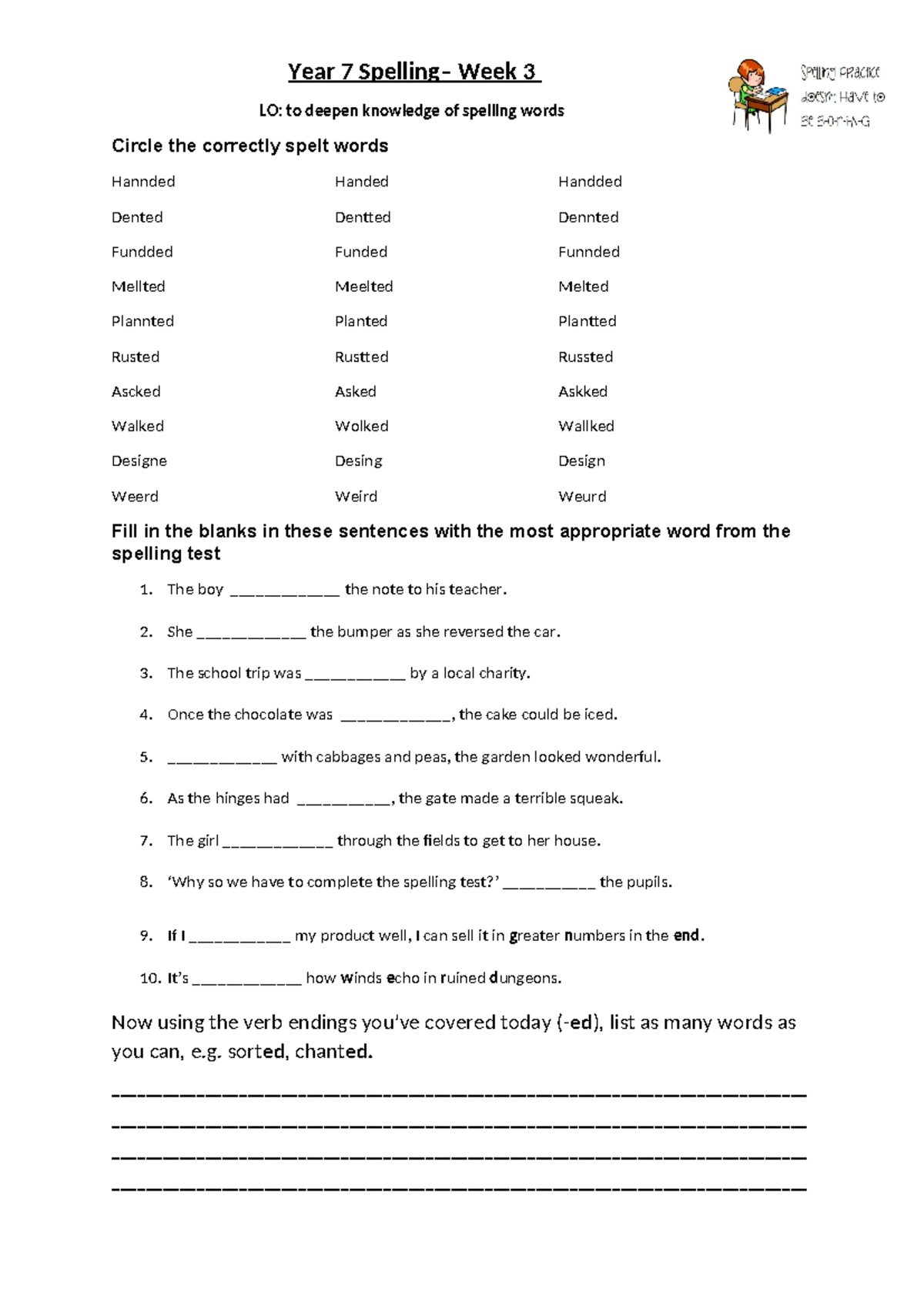 Year 7 Spelling Practice: Week 3 - Correctly Spelt Words - Studocu