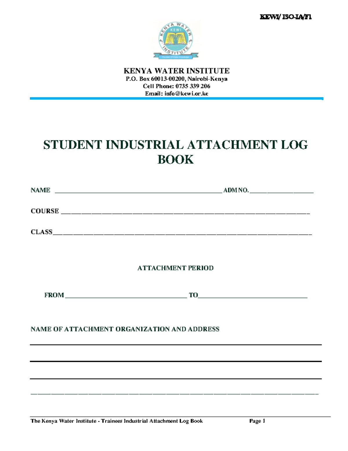 Industrial Attachment Log Book - Kenya Water Institute - Studocu