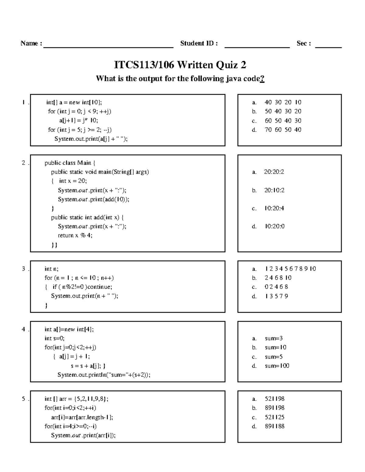 Sample Written Quiz 2 - Java Code Output Analysis - Studocu