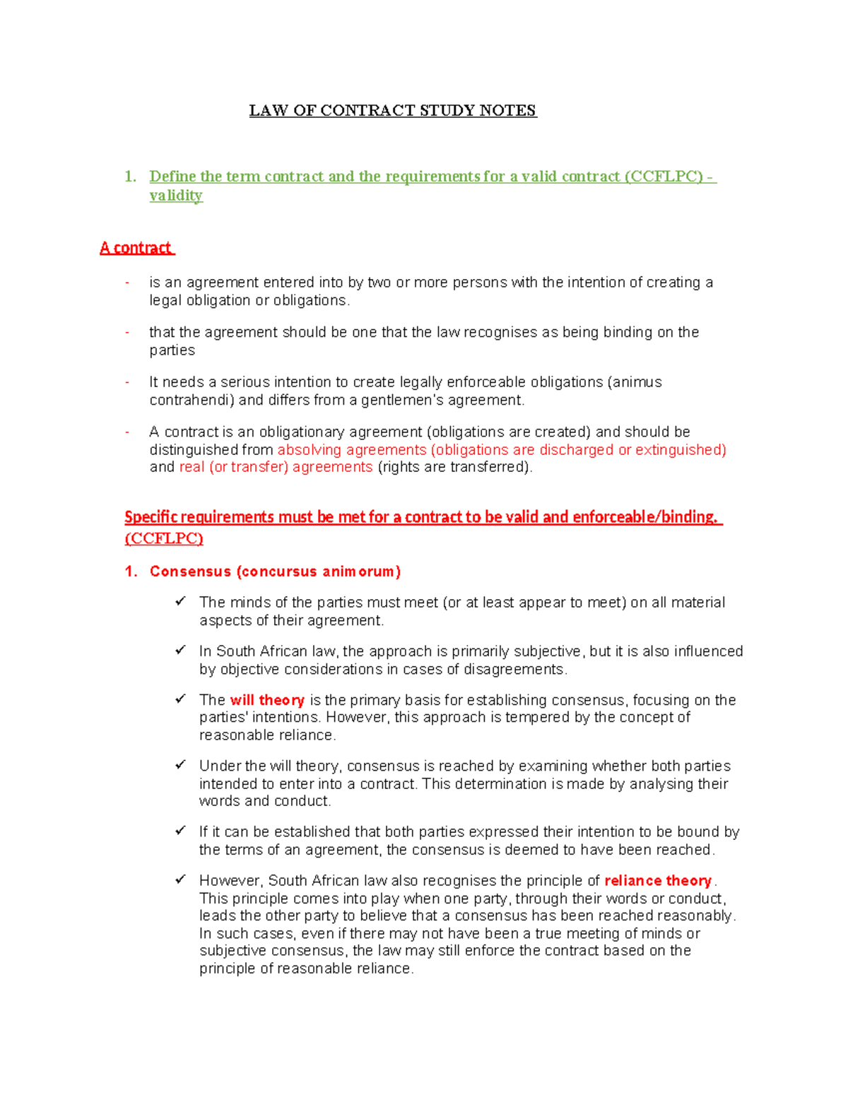 Law of Contract CCFLPC: Comprehensive Study Notes on Validity and ...