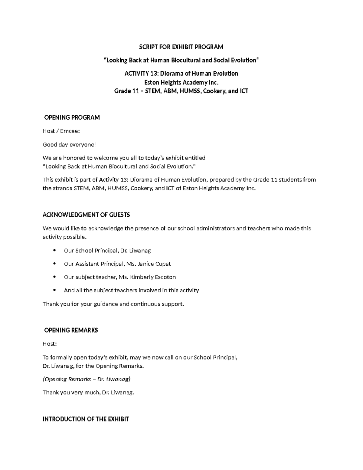 Exhibit Program Script: Diorama of Human Evolution - Grade 11 STEM, ABM ...