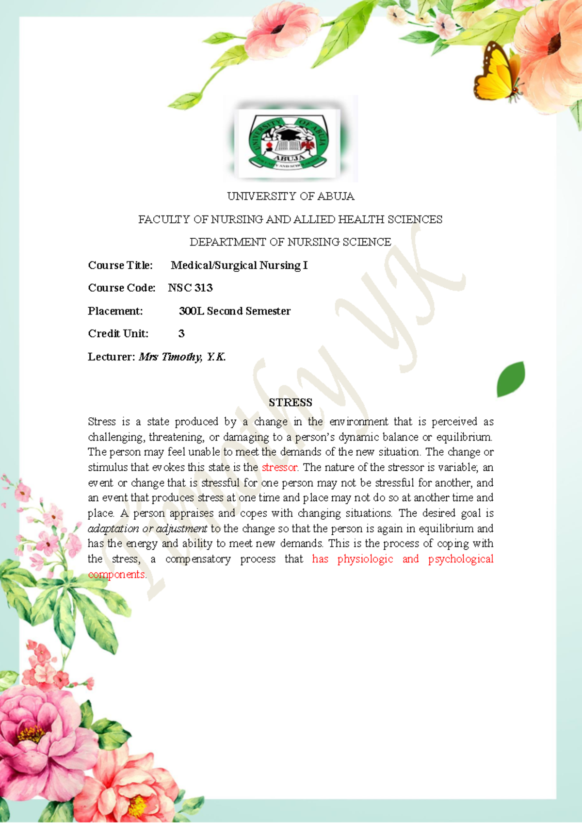 NSC 313: Stress and Its Management in Nursing Practice - Studocu