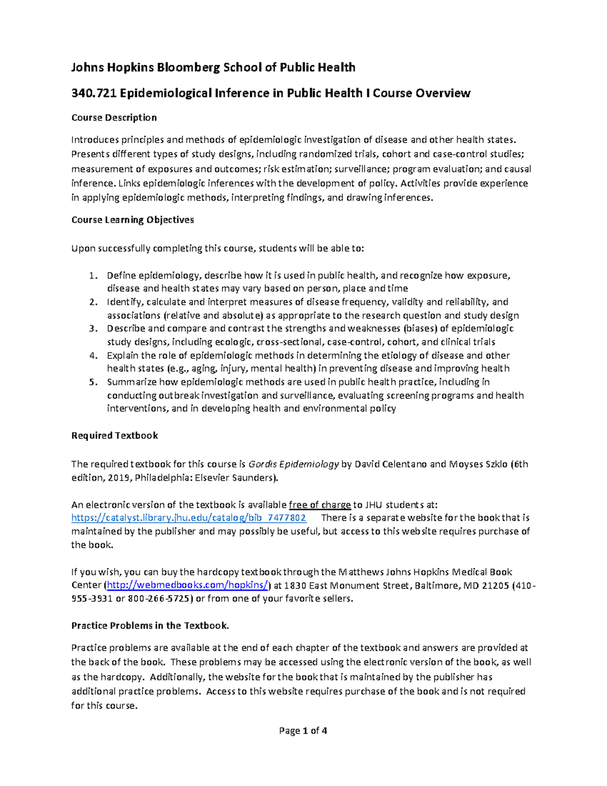 340.721 Epi Inference in Public Health I Course Description ...