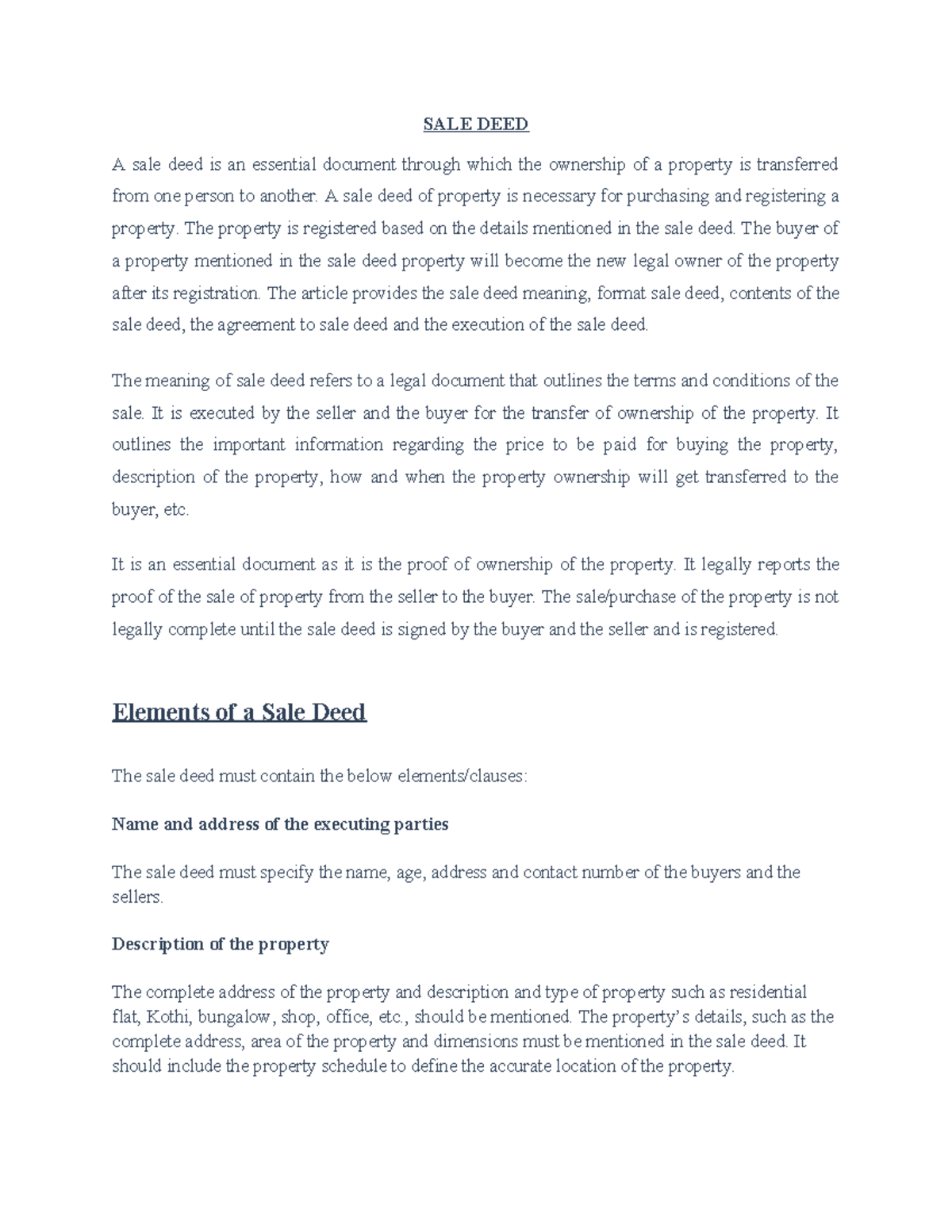 SALE DEED: Understanding Ownership Transfer and Essential Elements - Studocu
