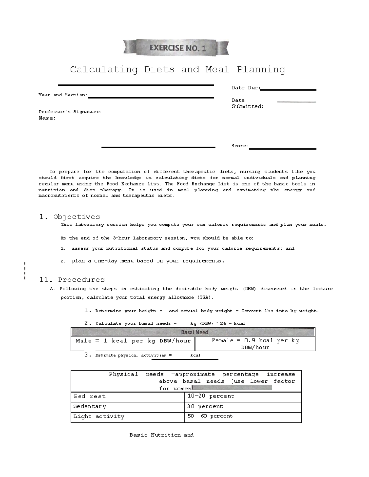 Exercise-NO.-1 docx - Lab Manual - Calculating Diets and Meal Planning ...