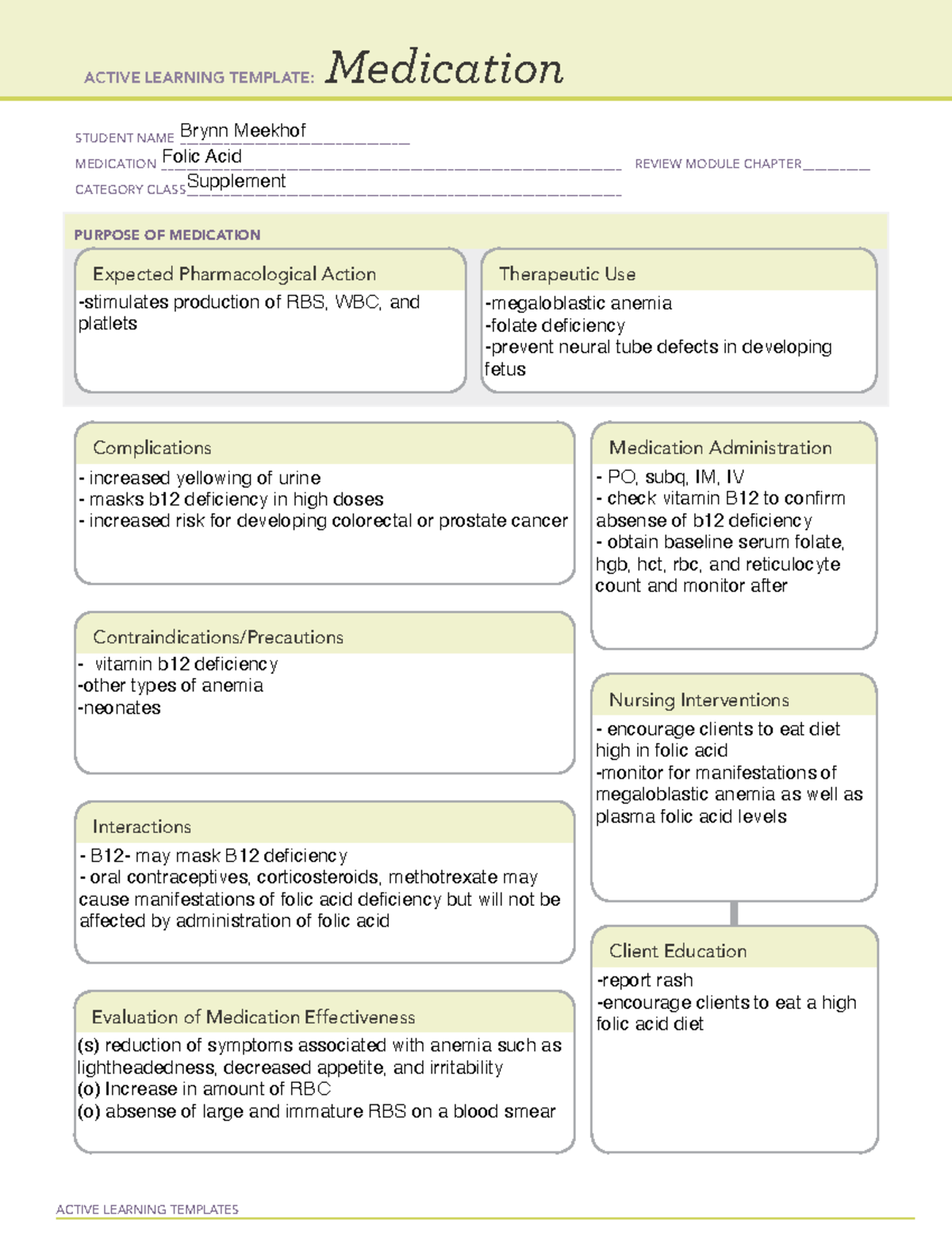 FOlic acid medcard - ACTIVE LEARNING TEMPLATES Medication STUDENT NAME ...