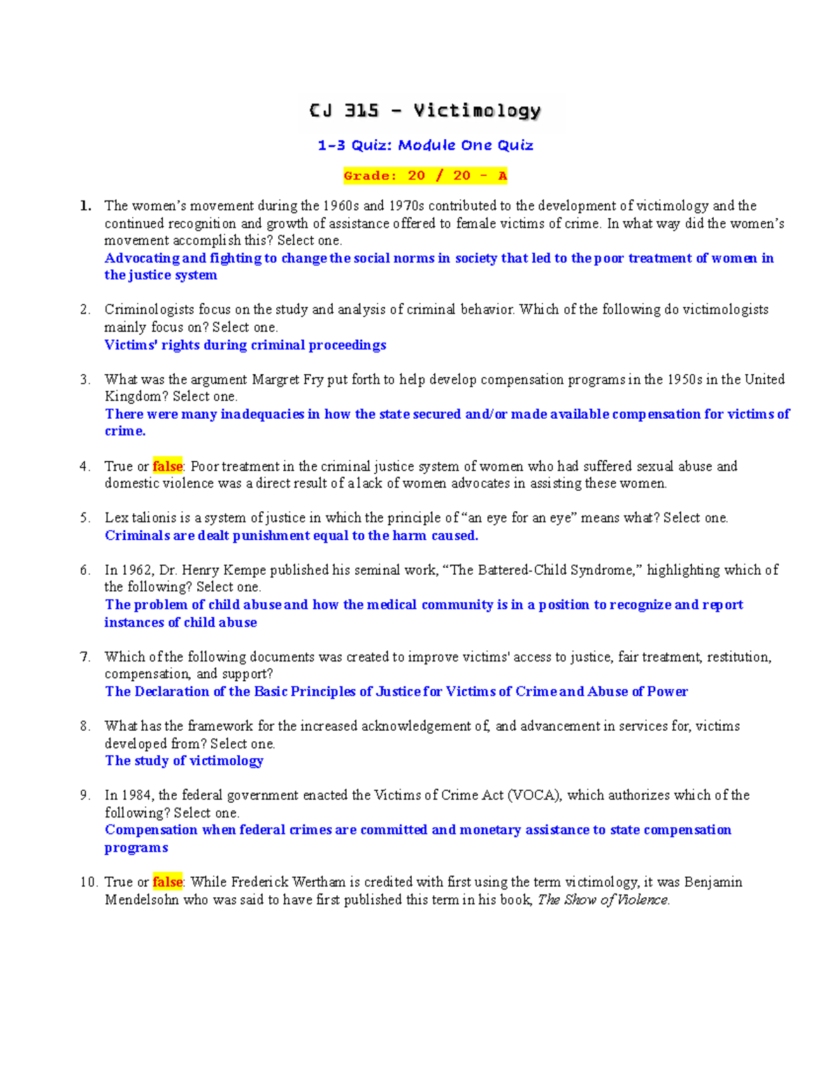 CJ 315 Victimology Quiz: Module One Assessment and Insights - Studocu