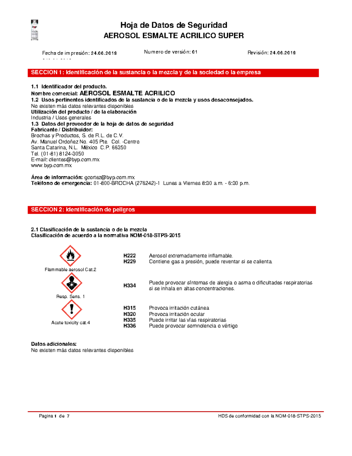 Hoja De Datos De Seguridad Aerosol Esmalte Acrilico Super Versión 01