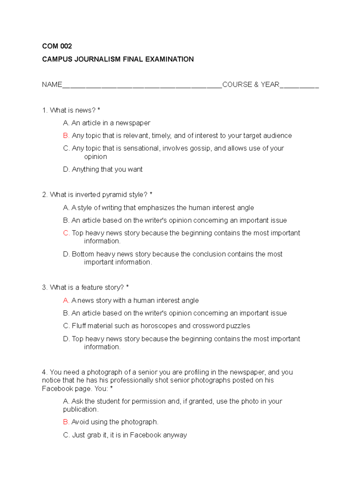 COM 002 Campus Journalism Final Exam Questions and Answers - Studocu