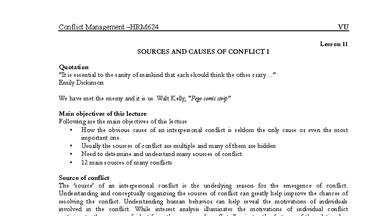 Conflict Management VU Lecture 11: Sources & Causes of Conflict - Studocu