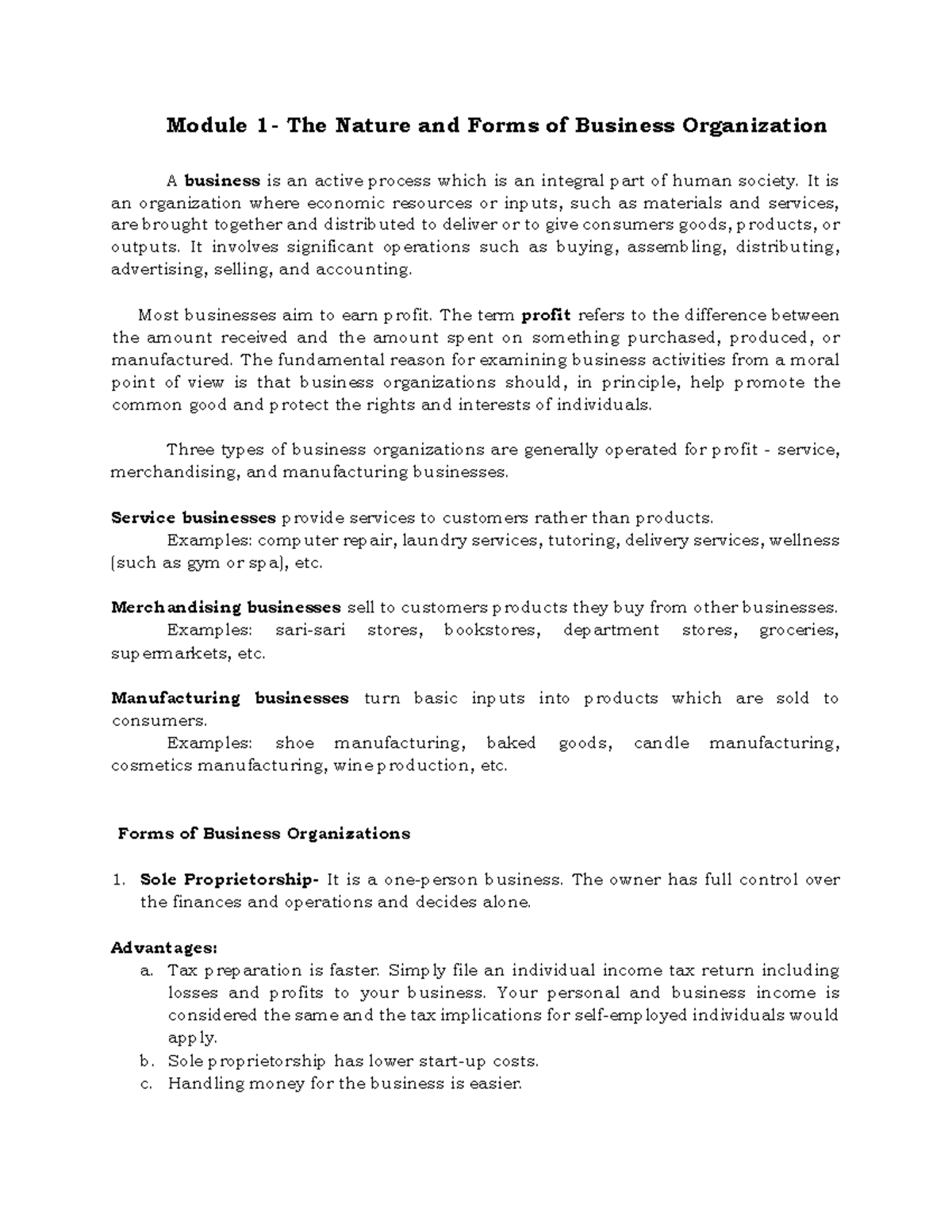Module-1: The Nature and Forms of Business Organization - Studocu