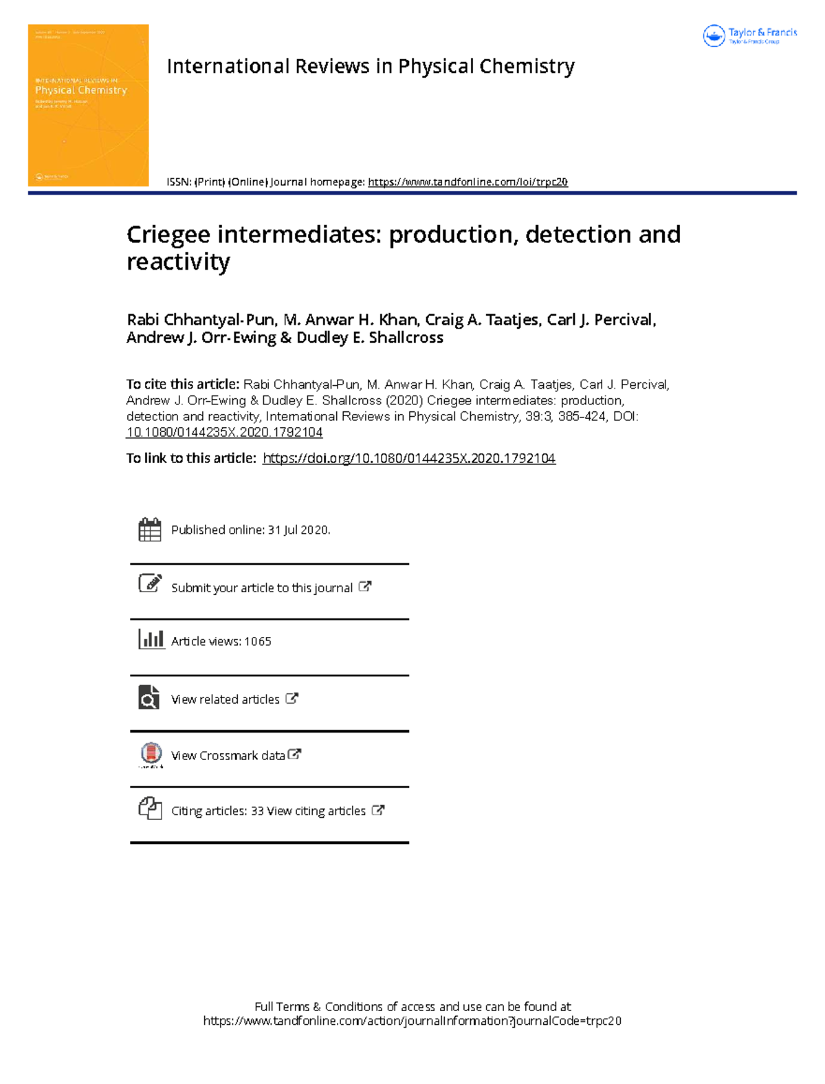 Criegee Intermediates: Production, Detection & Reactivity Insights ...