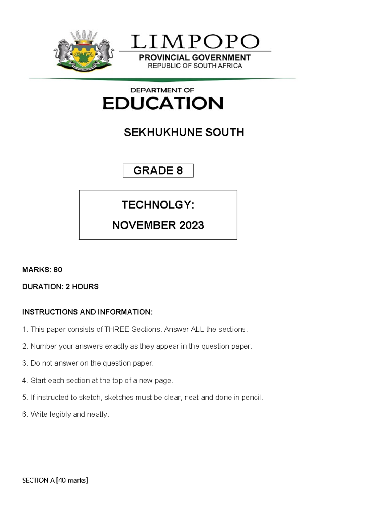 Grade 8 TECH NOV Final EXAM 2023 - SEKHUKHUNE SOUTH GRADE 8 TECHNOLGY ...