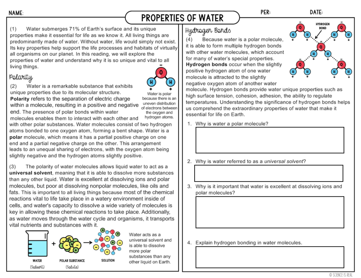 Properties of Water Reading Activity - Drag and drop the labels to the ...