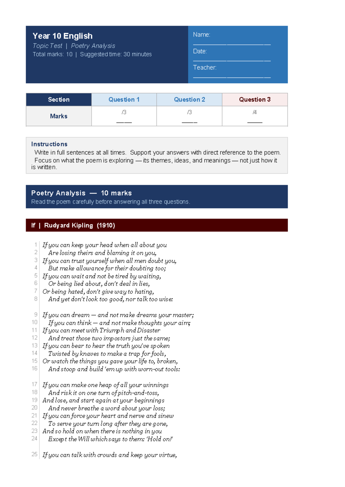 Year 10 English Topic Test: Poetry Analysis on Kipling's Work - Studocu