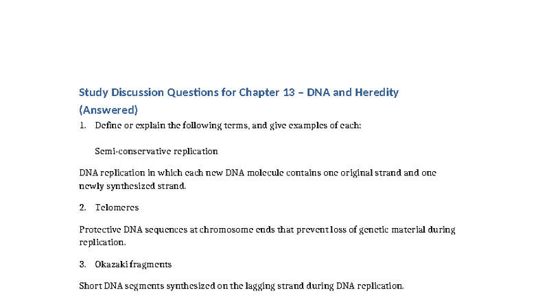 Chapter 13 DNA and Heredity Study Questions (Answered) - Studocu