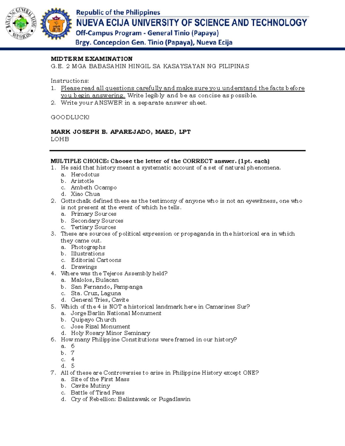 Midterm Exam - RPH 2022: Readings in Philippine History Overview - Studocu