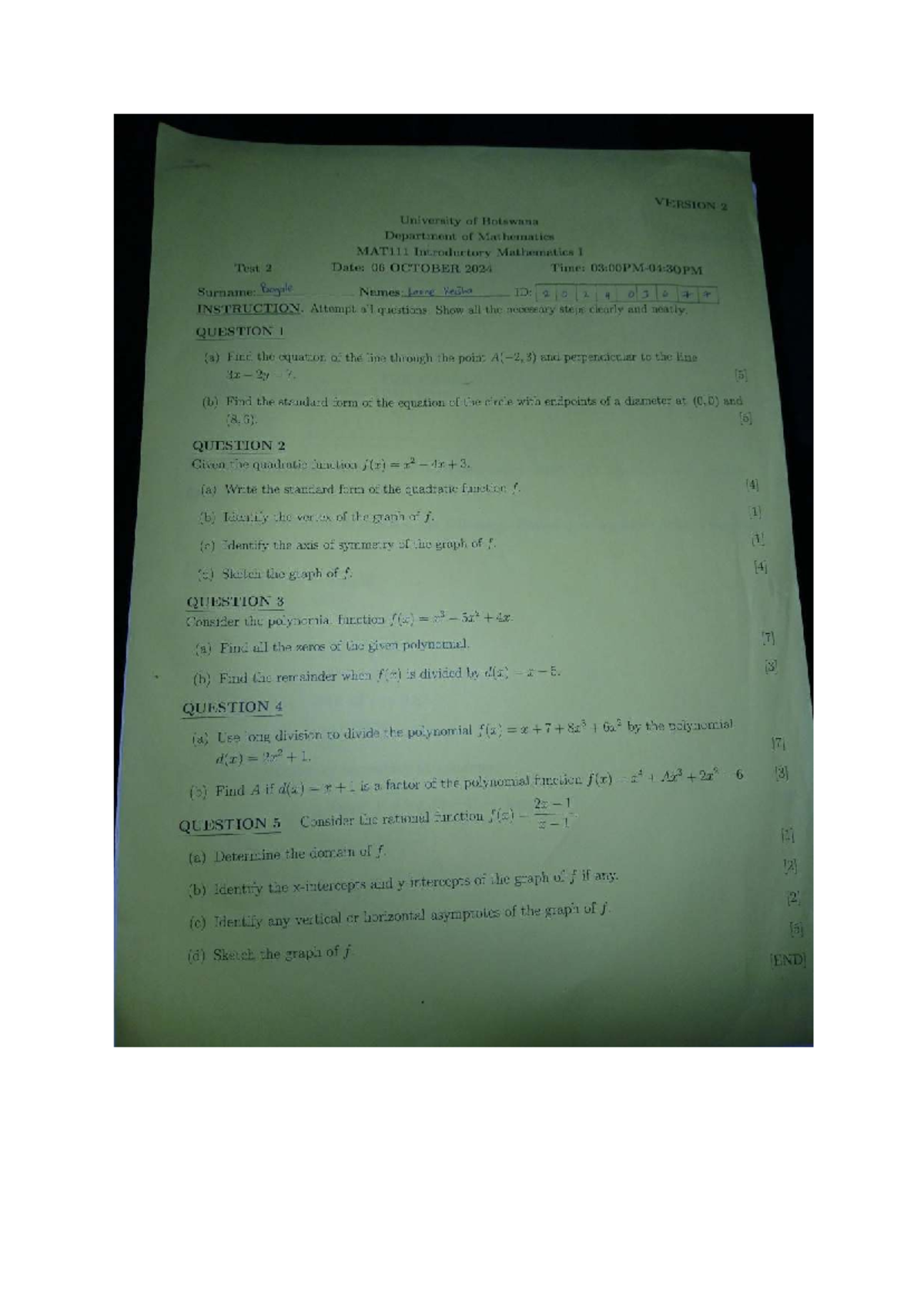 MAT 111 Test 2 - Introductory Mathematics I Functions - Studocu