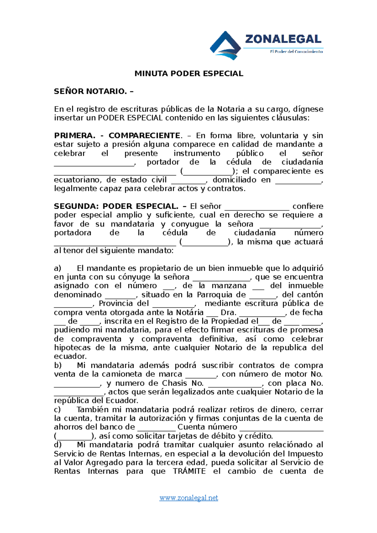 2.107. Poder Especial - MINUTA PODER ESPECIAL SEÑOR NOTARIO. – En el ...