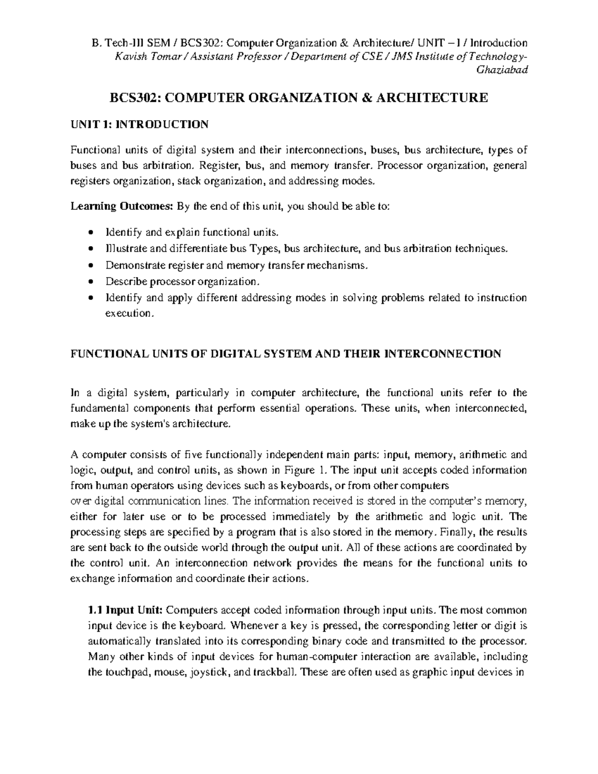 BCS302 Unit 1: Computer Organization & Architecture Notes - Studocu