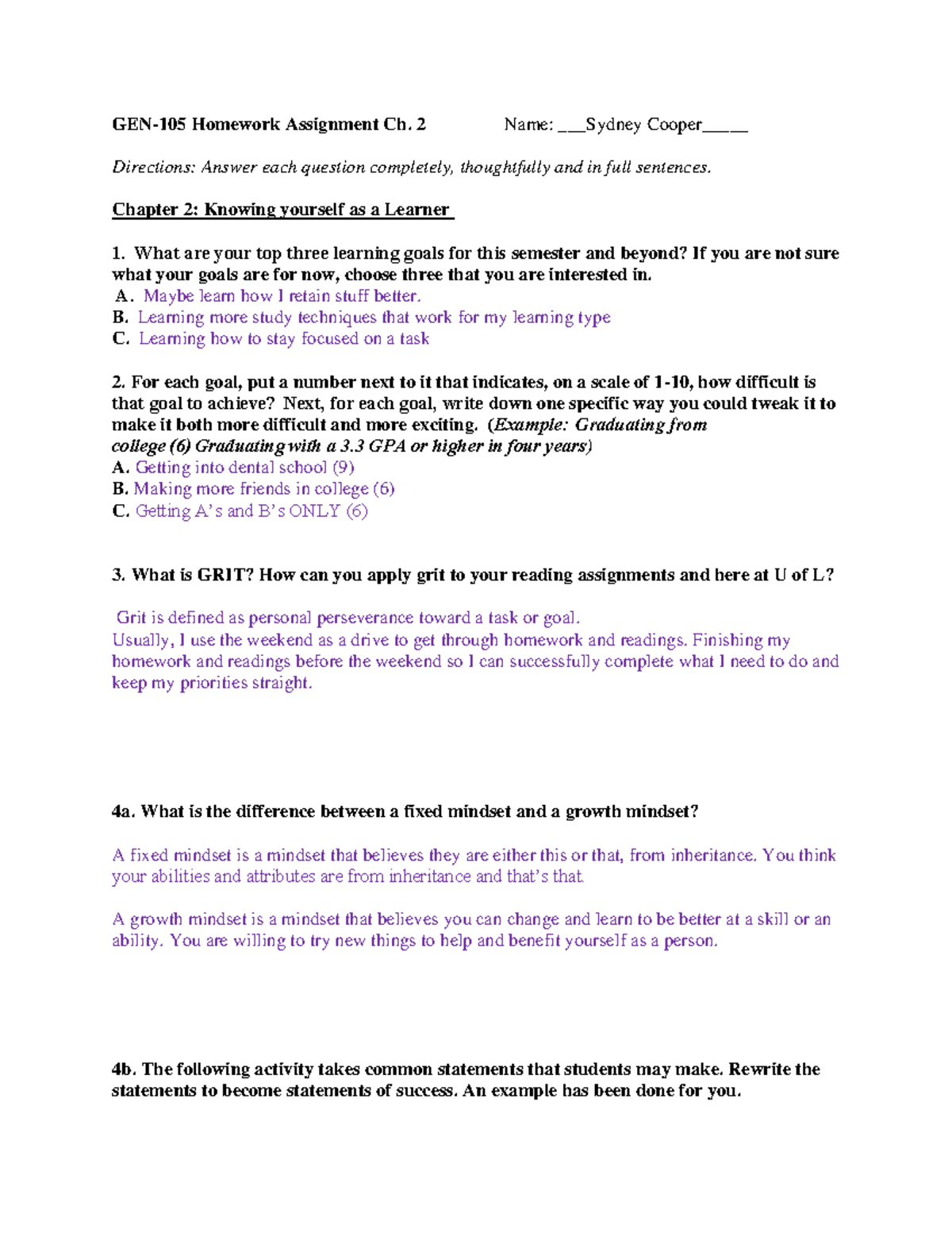 GEN-105 Homework Ch - GEN-105 Homework Assignment Ch. 2 Name: Sydney ...