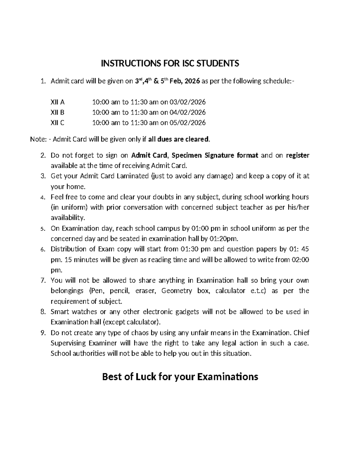 ISC Exam Instructions for Students: Admit Card & Exam Day Guidelines ...