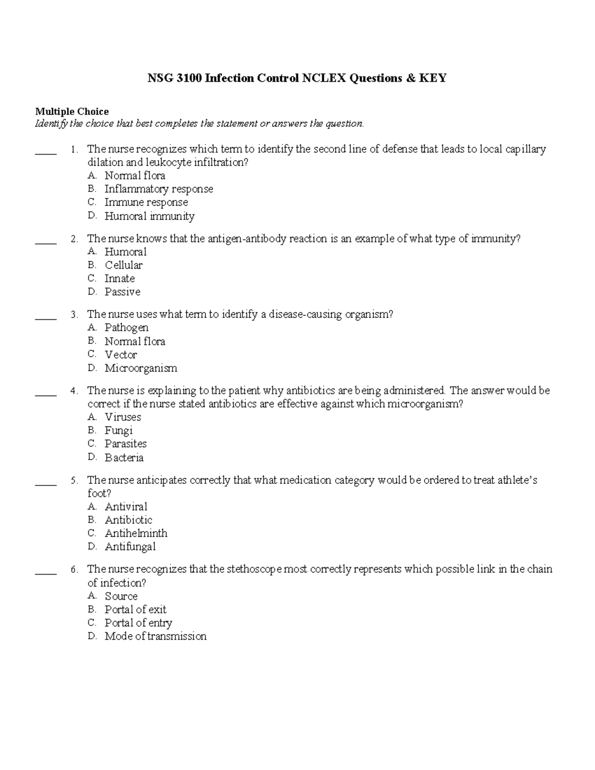 NSG 3100 Infection Control NCLEX Questions & Answer Key - Studocu