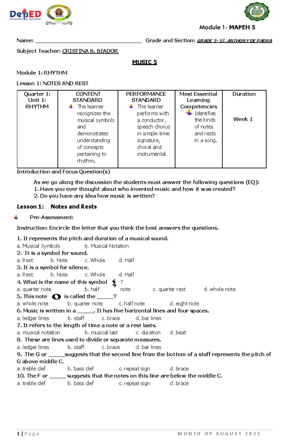 MAPEH 5 Final Exam Review: Music, Arts, PE, and Health - Studocu