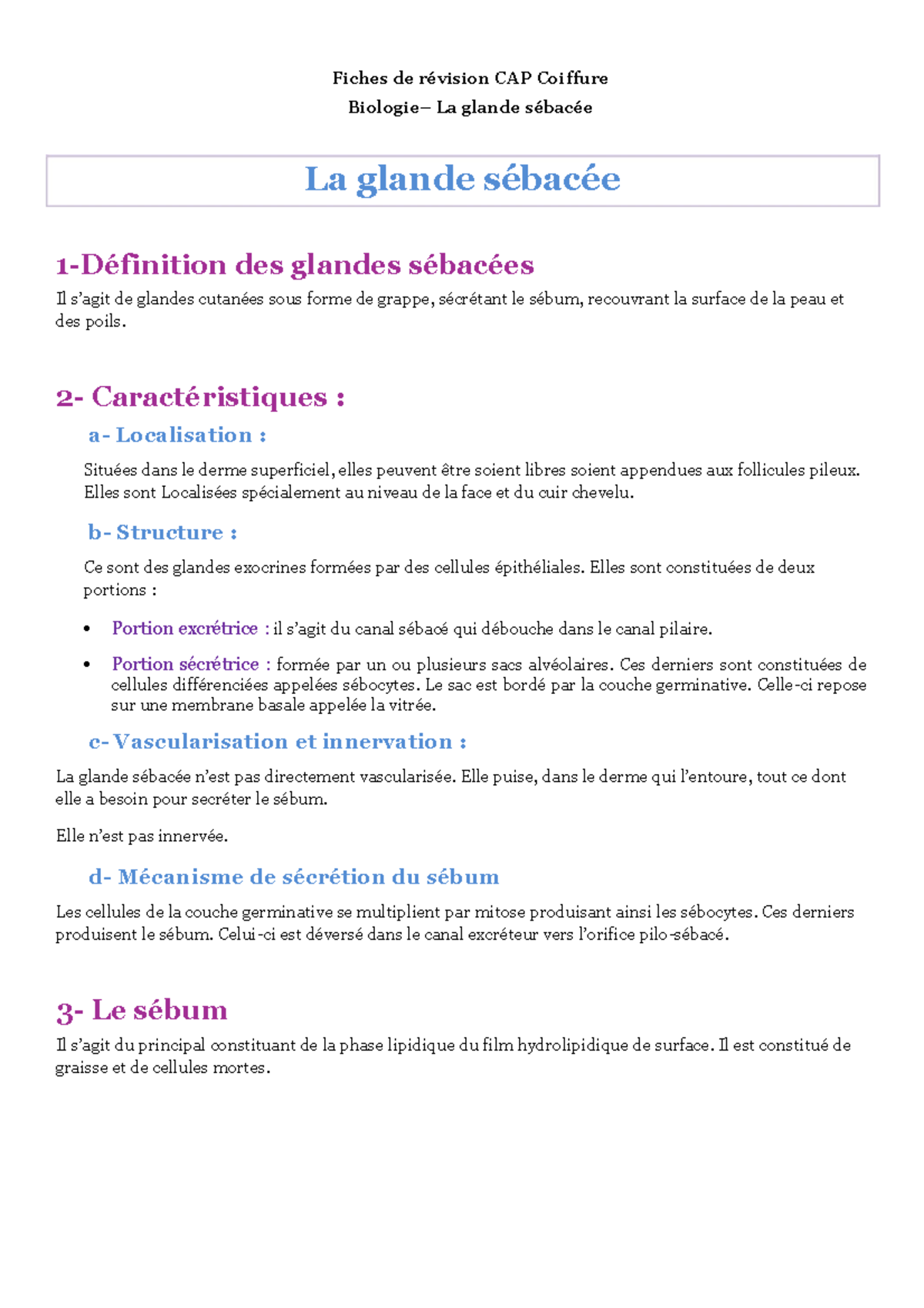 Révisions Biologie CAP BP BTS Coiffure : La glande sébacée - Studocu