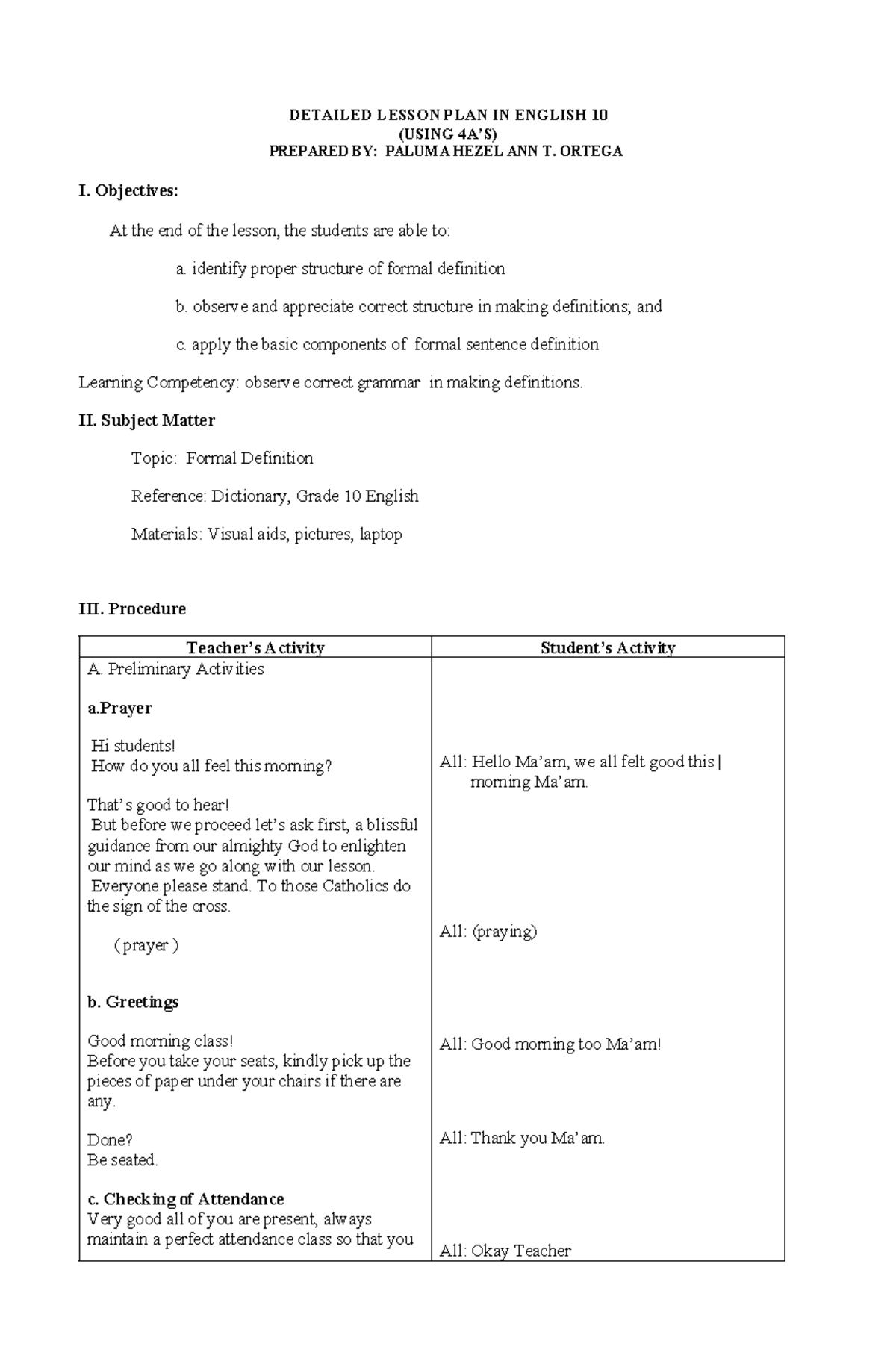 Detailed Lesson Plan in English 10 (Final Exam) on Formal Definitions ...