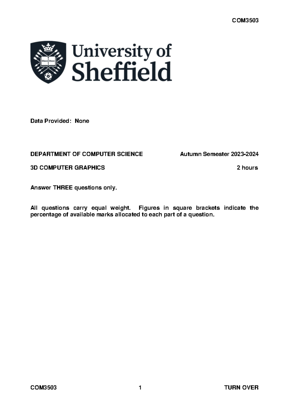 COM3503 3D Computer Graphics - Past Exam Paper Analysis - Studocu