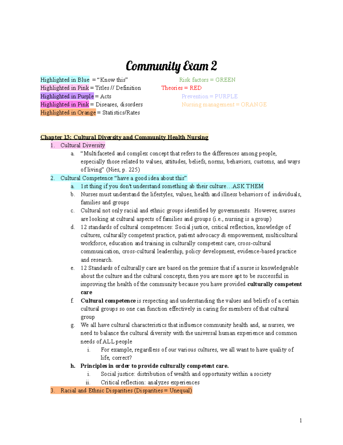 Community Exam 2 - Communit a 2 Highlighted in Blue = “Know this” Risk ...