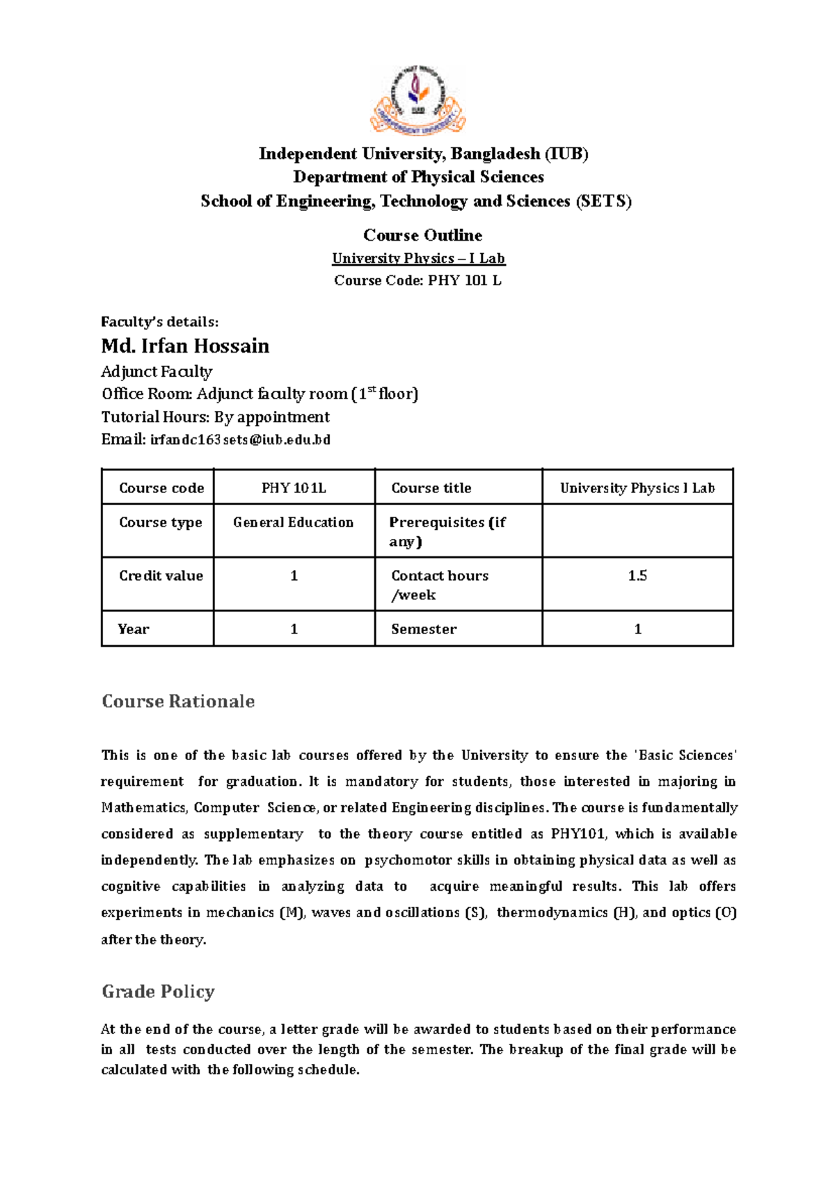 University Physics I Lab (PHY 101L) Course Outline and Details - Studocu
