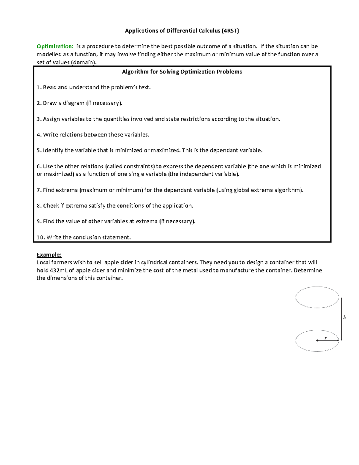 Applications of Differential Calculus (4RST): Optimization & Kinematics ...