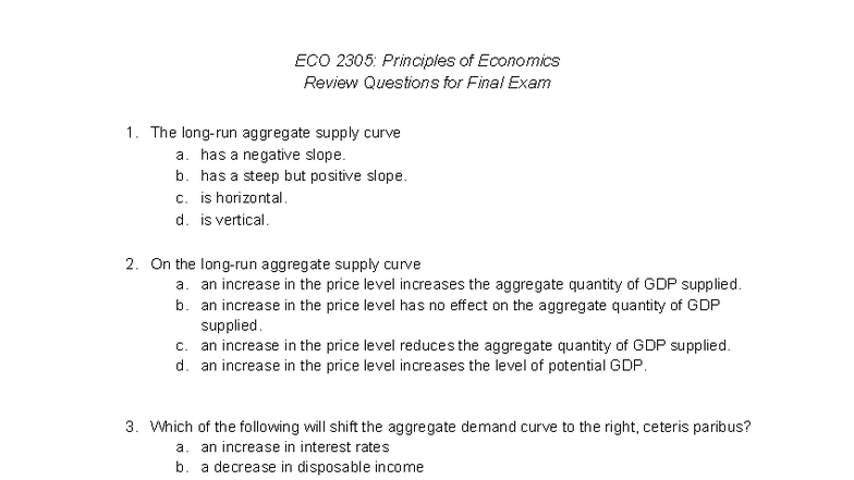 ECO 2305: Final Exam Review Questions for Principles of Economics - Studocu