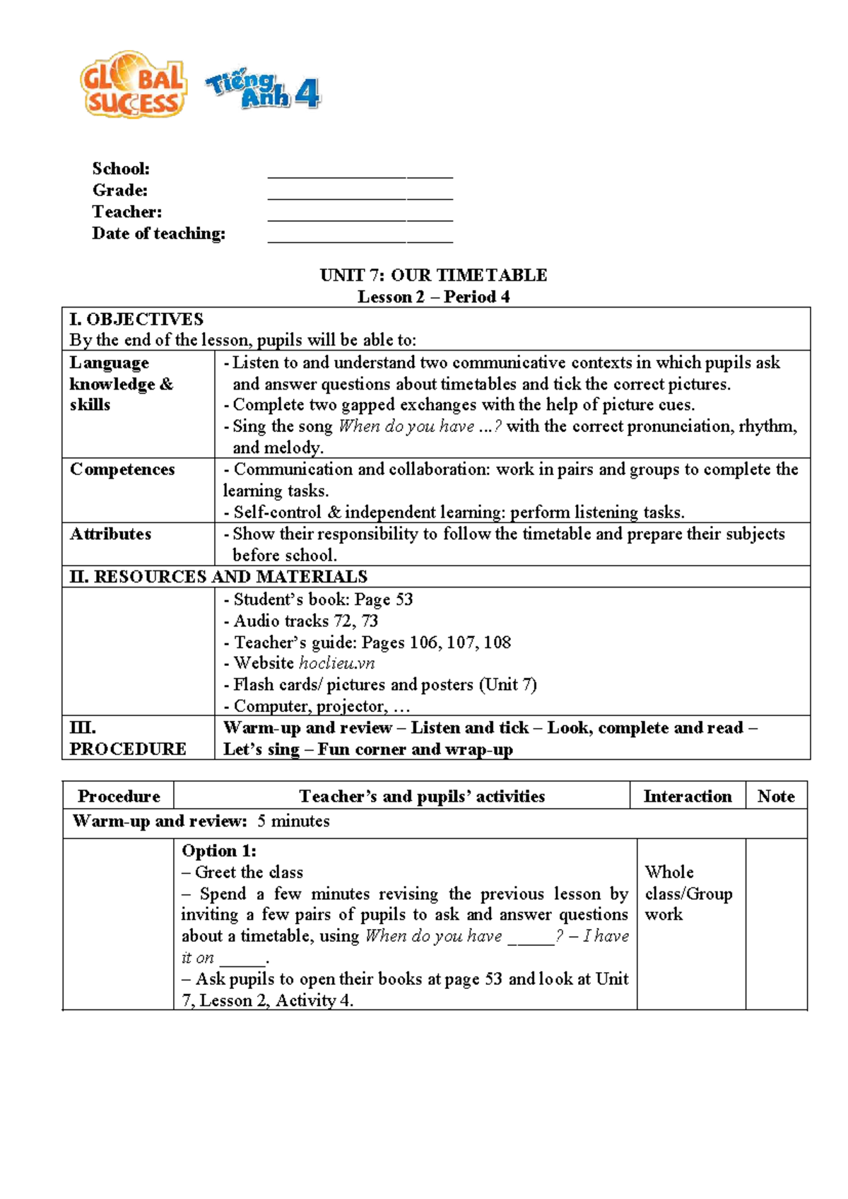 Unit 7: Our Timetable - Lesson Plans and Activities - Studocu