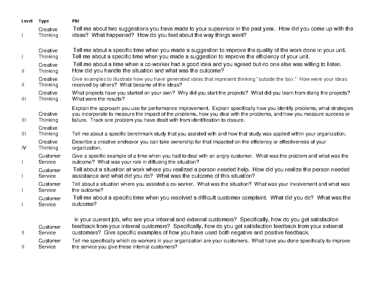 Sample PBI Questions for BIO Project Insights and Creative Thinking ...
