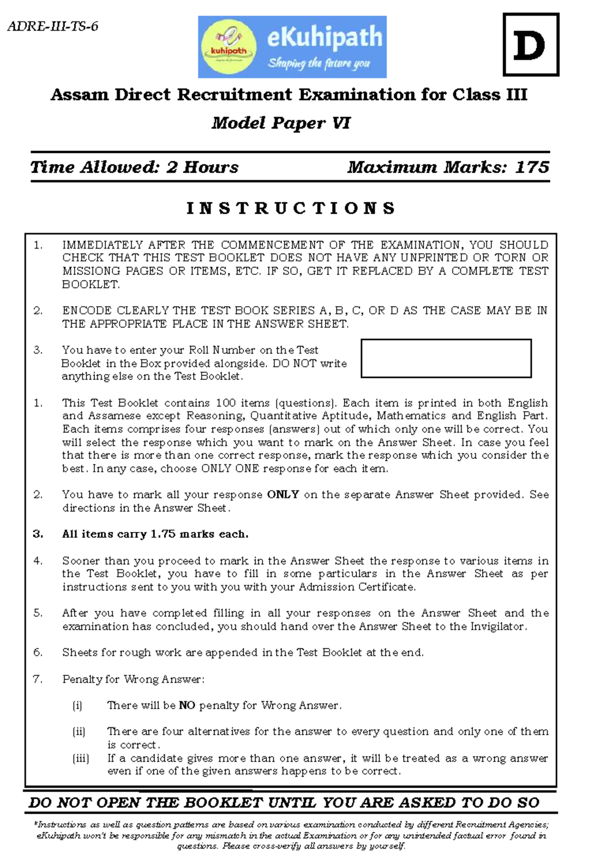 Assam Direct Recruitment Exam Model Paper VI - Mock Test - Studocu