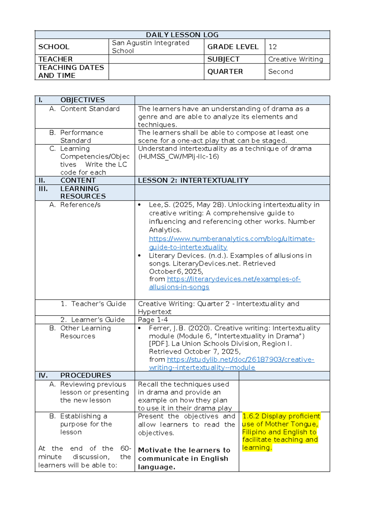 DLL: Intertextuality in Creative Writing - Lesson Plan - Studocu