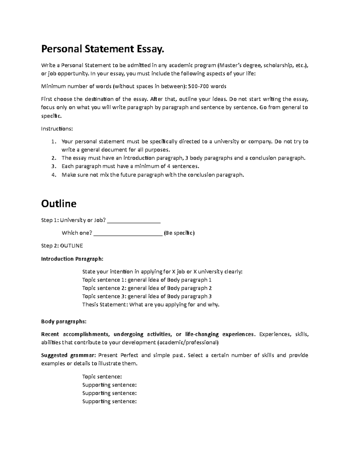 Personal Statement Outline - Personal Statement Essay. Write a Personal ...