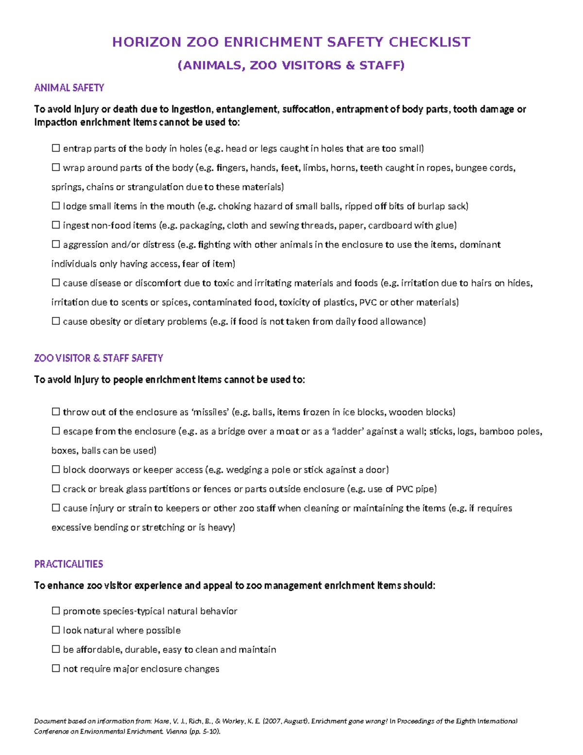 Horizon Zoo Enrichment Safety Checklist (Updated Version) - Studocu