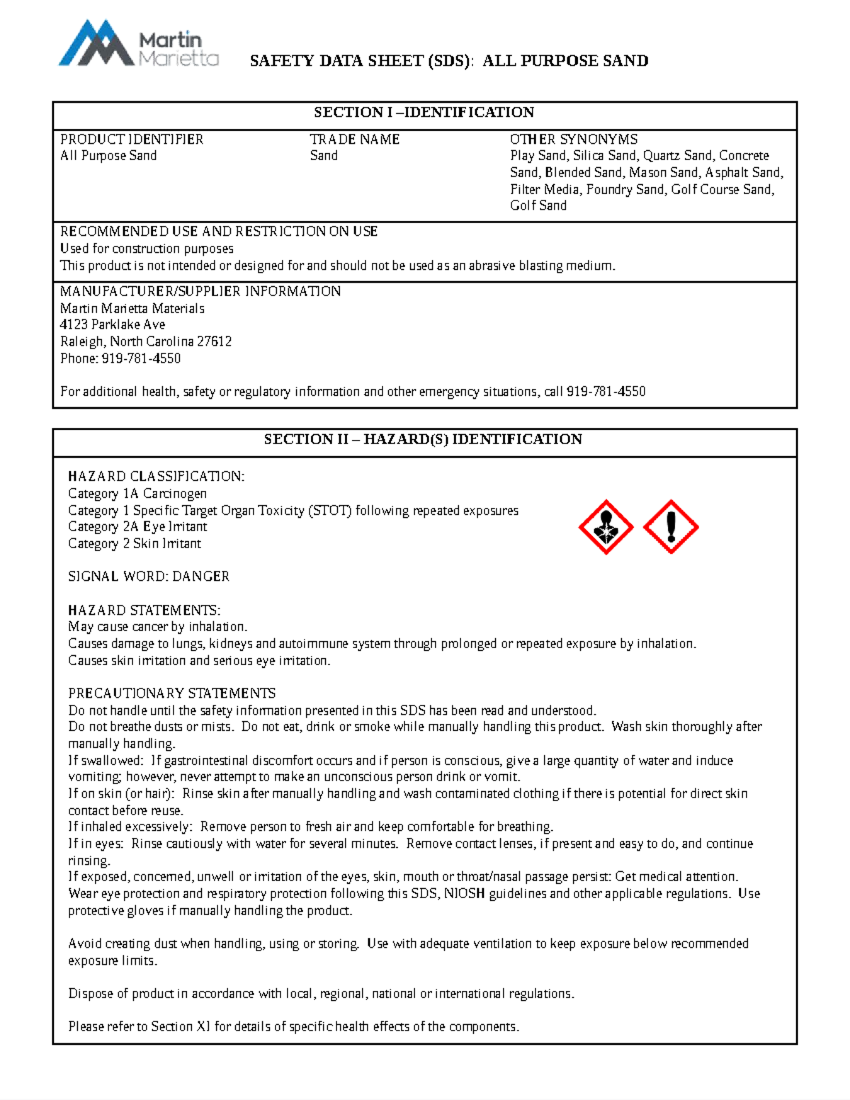 Martin Marietta SDS: All Purpose Sand Safety Guidelines (June 2018 ...