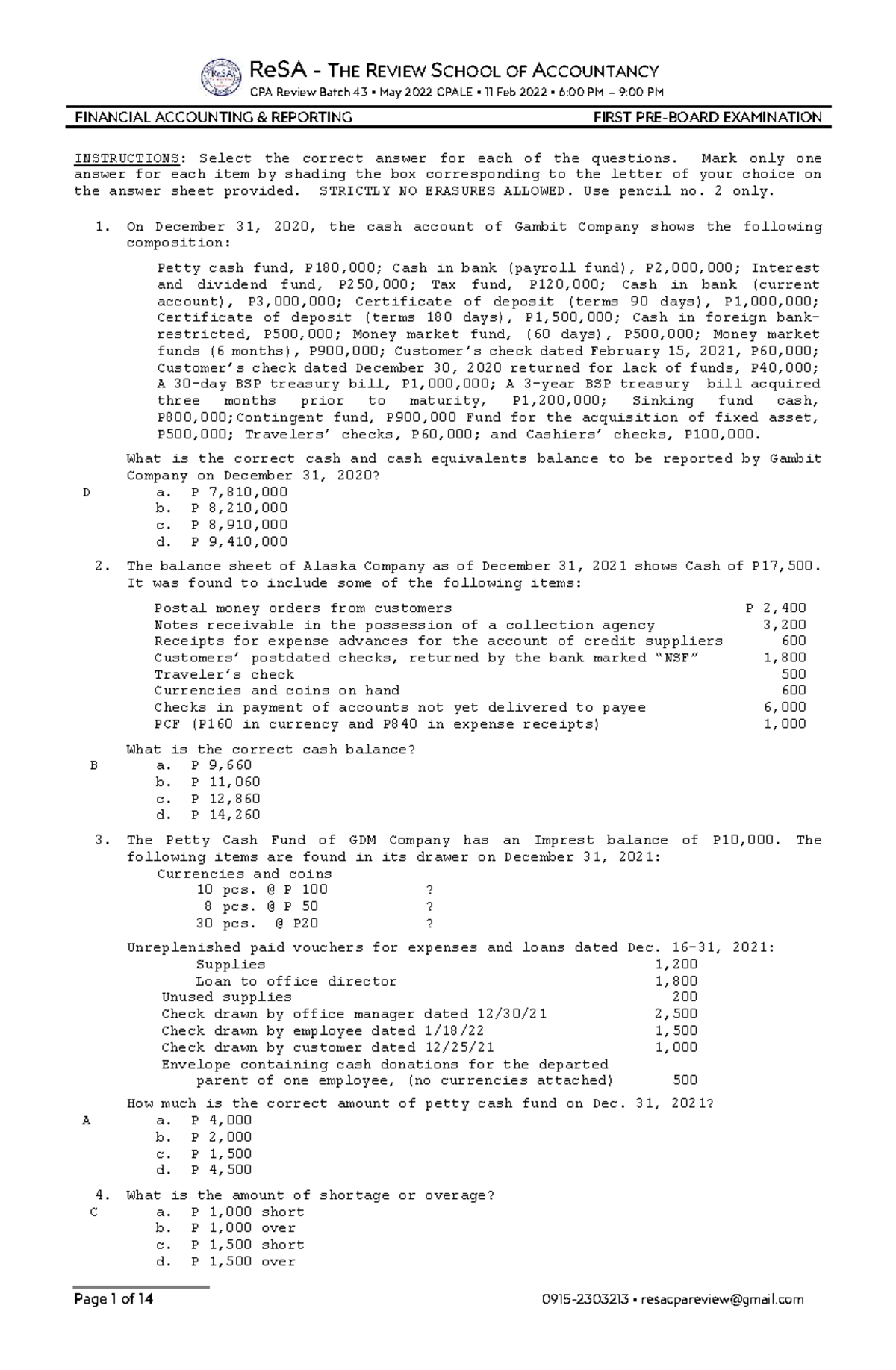 ReSA CPA Review Batch 43: Financial Accounting Reporting First Exam ...