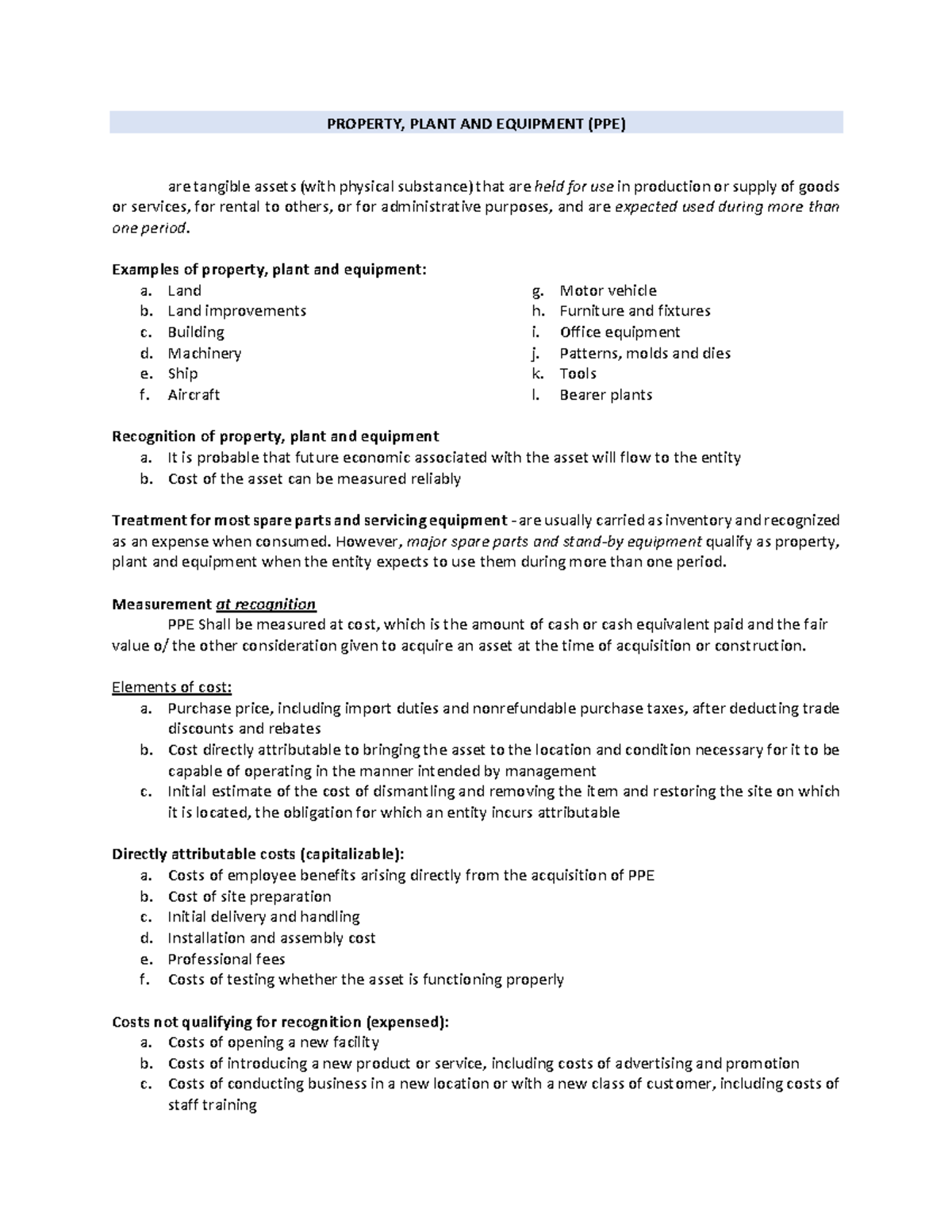 Property, Plant and Equipment Lecture Notes - PROPERTY, PLANT AND ...