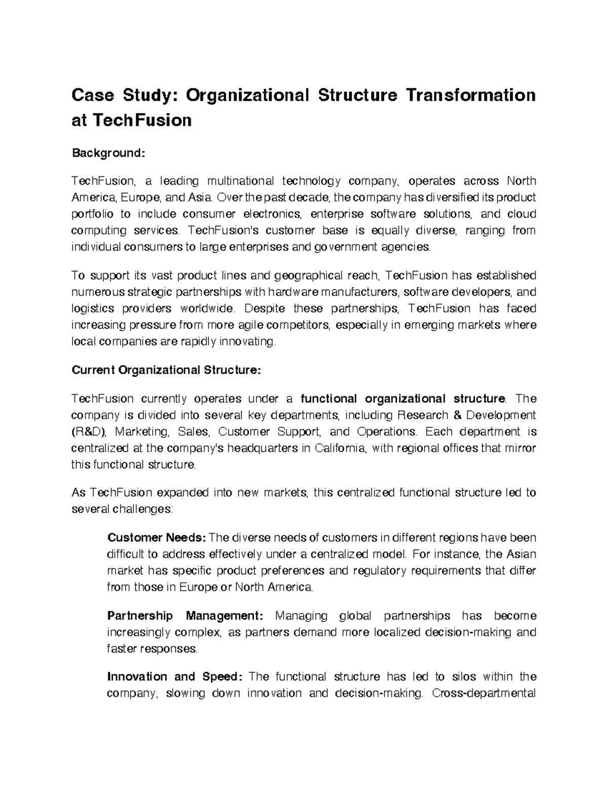 Tut 6 Case Study: Restructuring TechFusion's Org Structure - Studocu